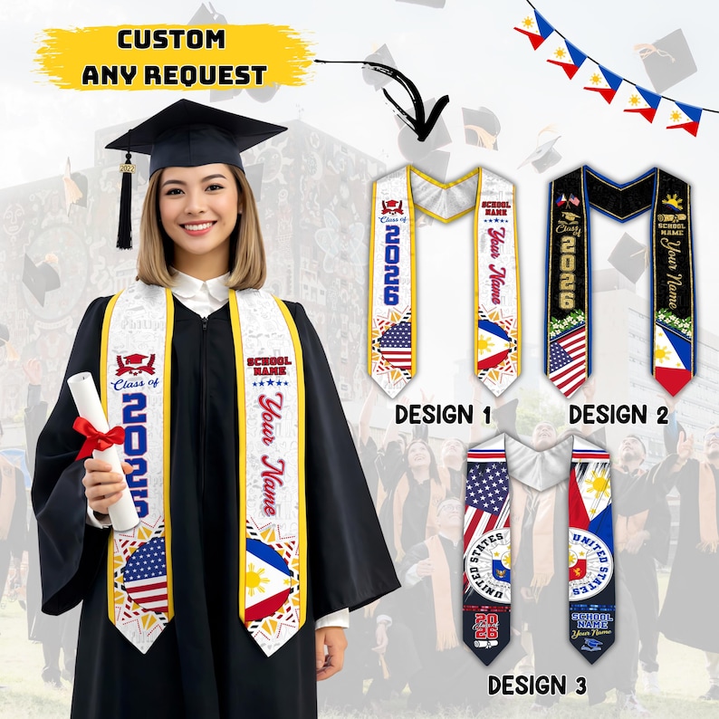 Personalized Filipino Graduation Sash 2026, Philippines American Flag ...