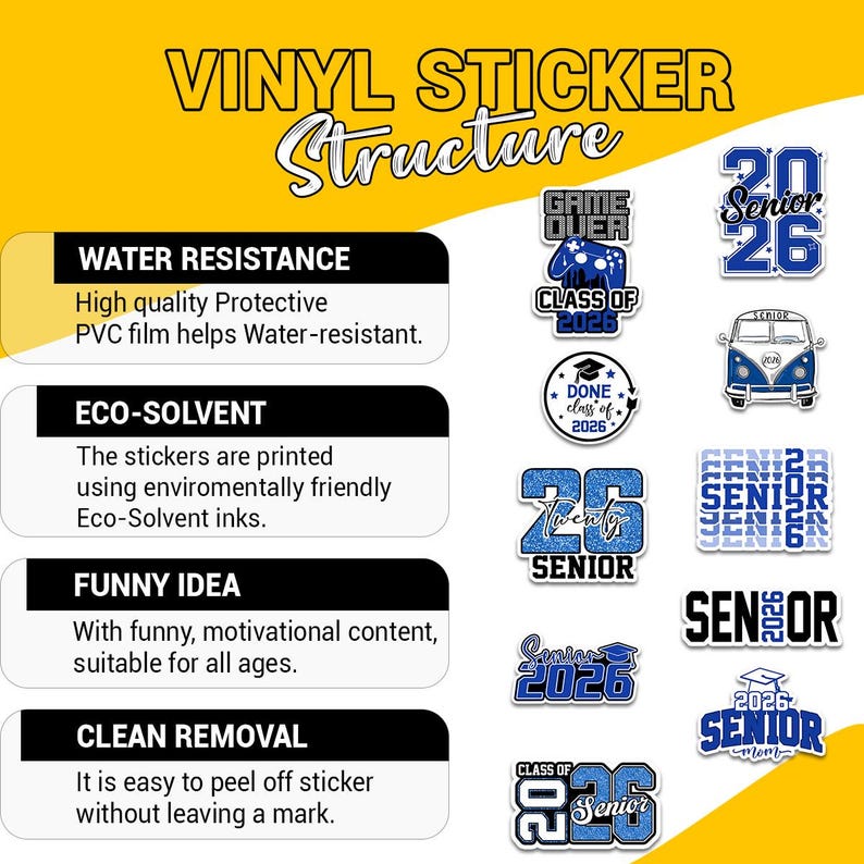 COMBO 10 PCS Class of 2026 Senior Stickers, Blue & White Theme Vinyl ...