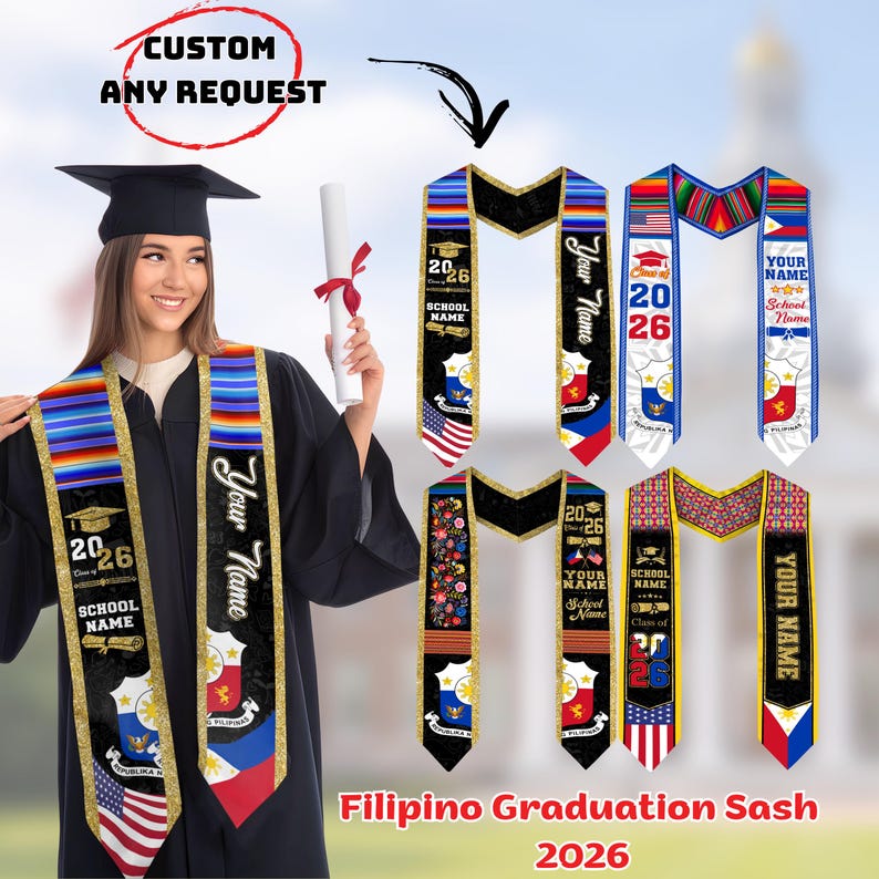 Custom Filipino Graduation Sash 2026, Philippines American Flag Stole ...