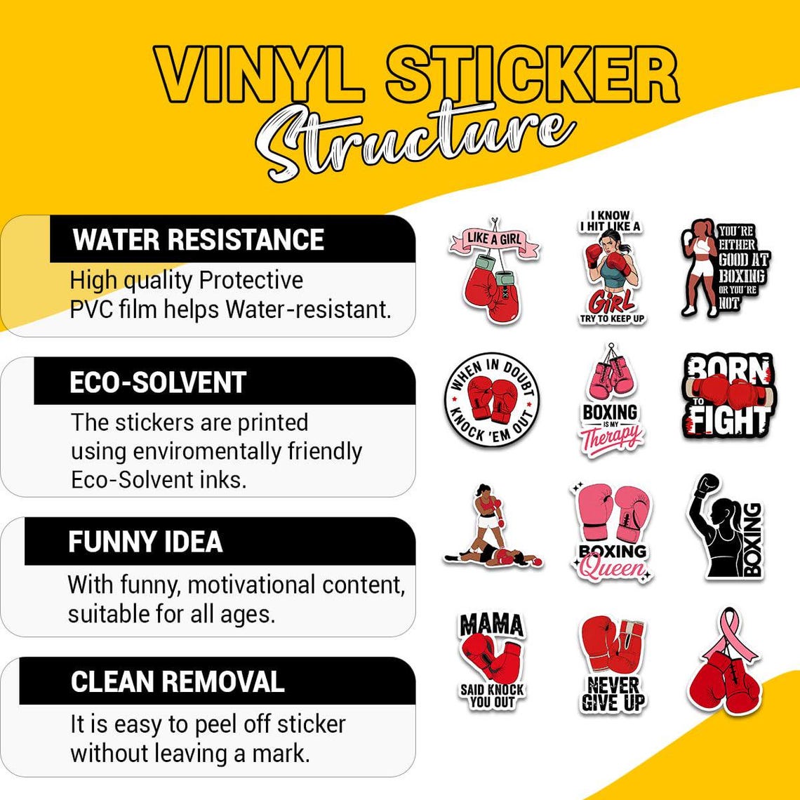 COMBO 12 PCS Boxing Sticker, Western Boxing Sticker, Pugilism, Martial ...