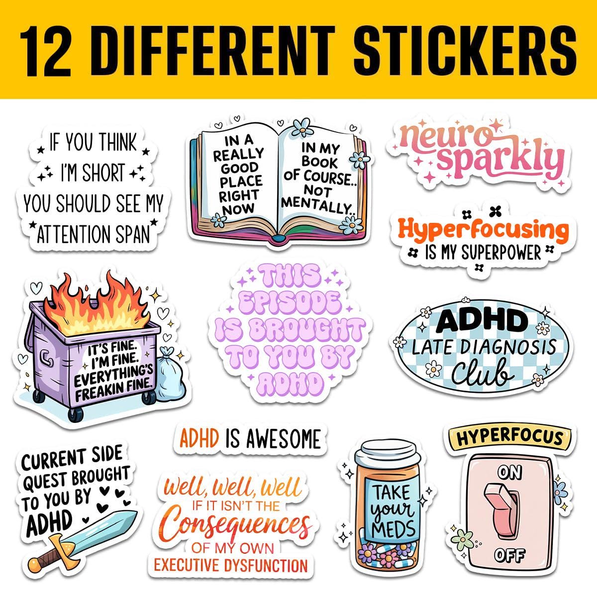 COMBO 12 PCS ADHD Stickers Pack, Funny Mental Health Vinyl Decals With ...
