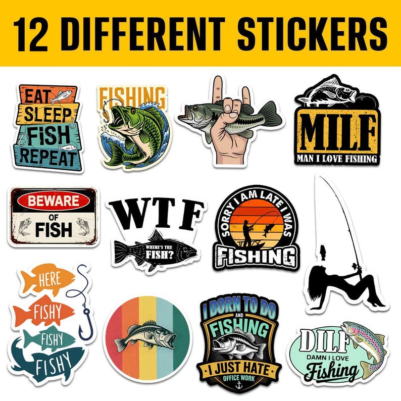 12 PCS Fishing Stickers Pack: Waterproof Vinyl Decals for Laptop ...