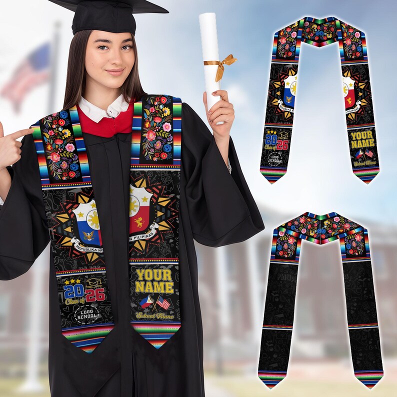 Custom Filipino Graduation Sash 2026, Philippines American Flag Stole ...
