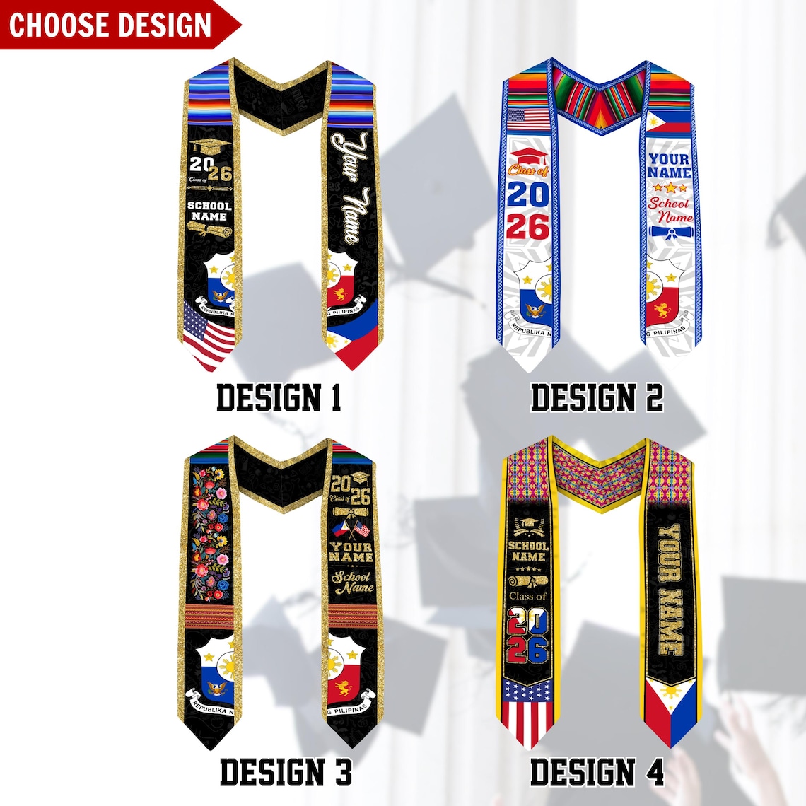 Custom Filipino Graduation Sash 2026, Philippines American Flag Stole ...