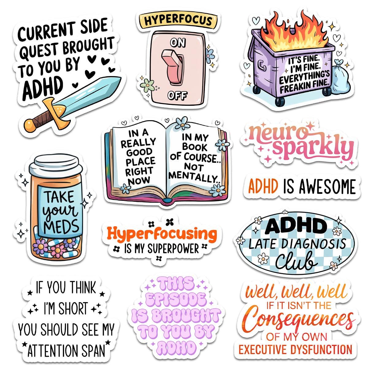 COMBO 12 PCS ADHD Stickers Pack, Funny Mental Health Vinyl Decals With ...
