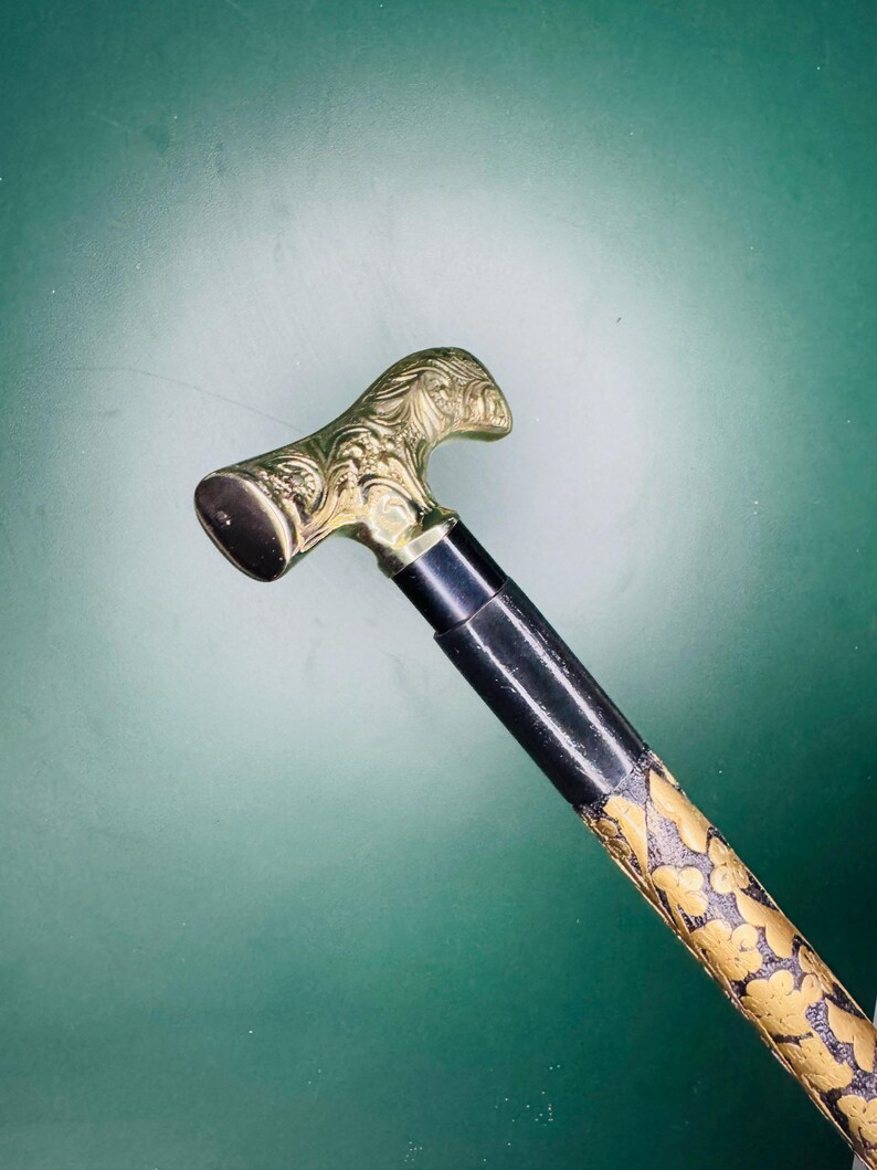Handcrafted Ornate Brass-handled Walking Cane · Floral-engraved Black ...