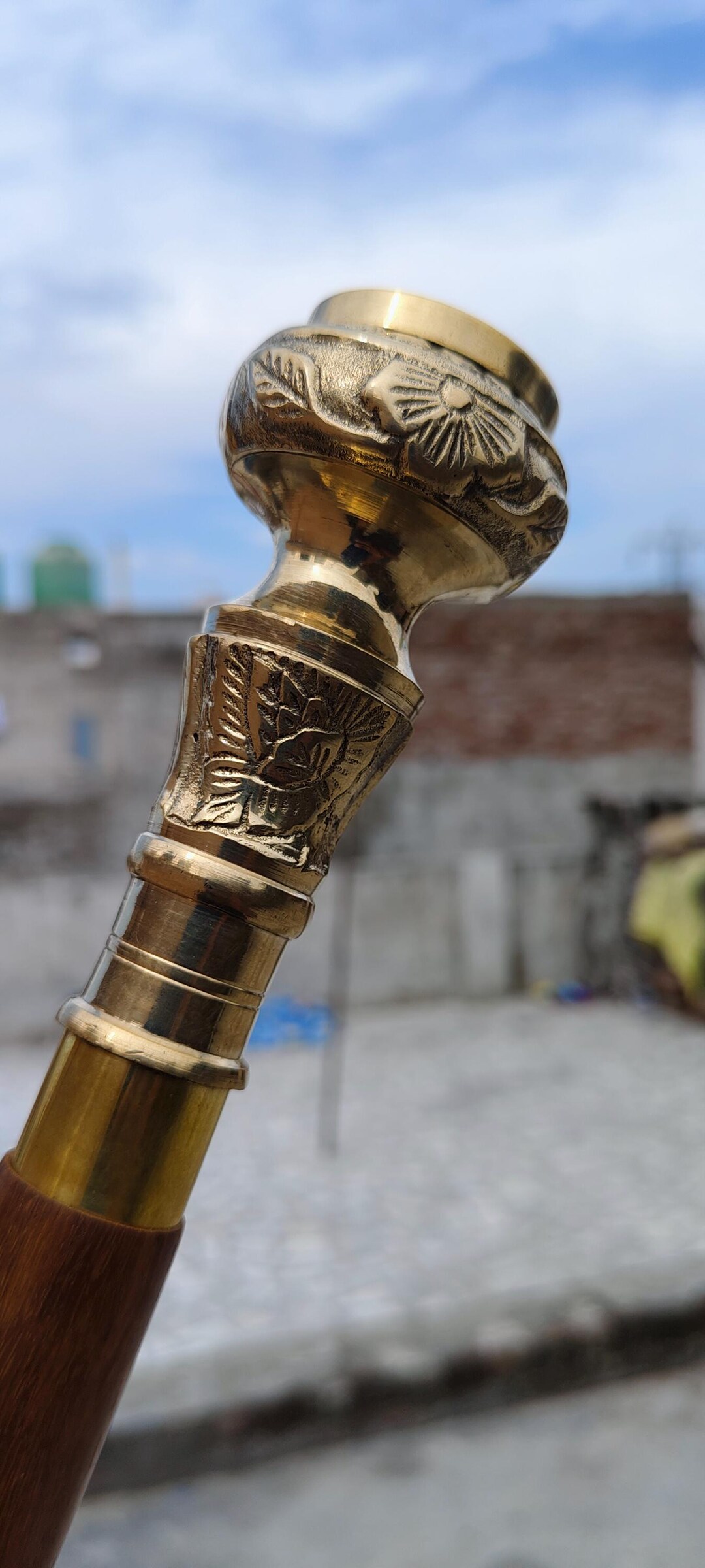 Vintage Brass Compass Walking Cane | Hand-carved Twist Wood Folding ...
