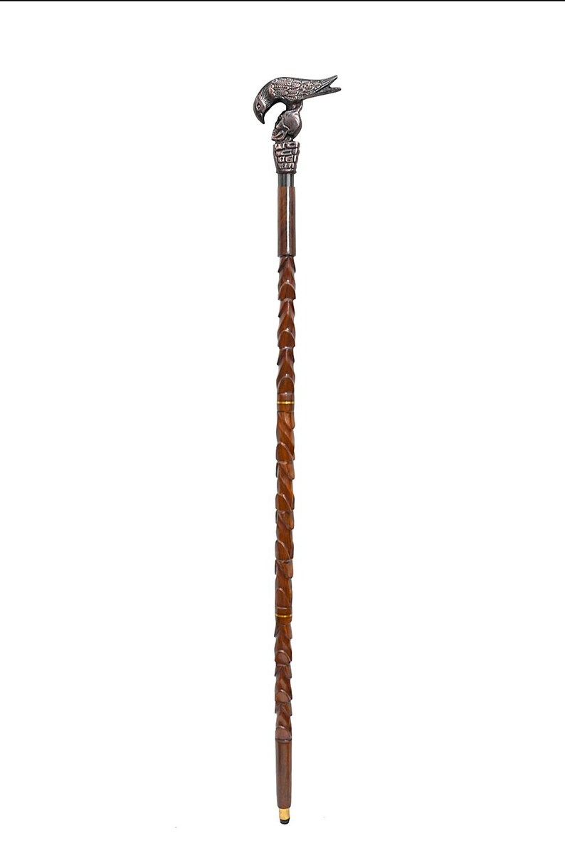 Victorian-style Crow Raven Skull Head Walking Cane — Handmade Wooden ...