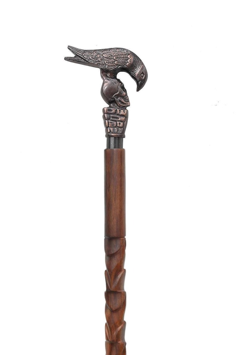 Victorian-style Crow Raven Skull Head Walking Cane — Handmade Wooden ...