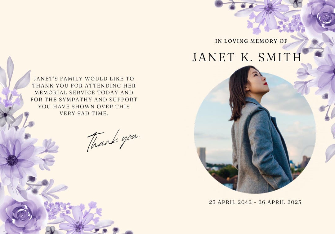 Purple Floral Editable Funeral Program Canva Template Elegant Pamphlet ...