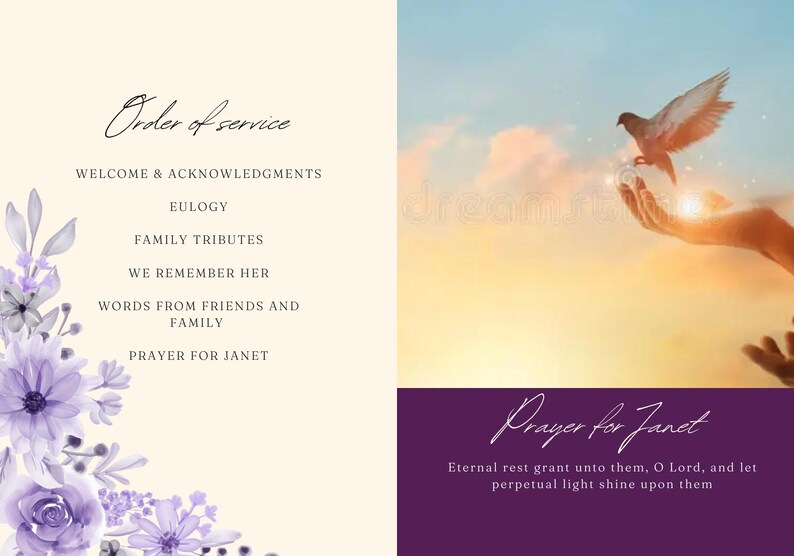 Purple Floral Editable Funeral Program Canva Template Elegant Pamphlet ...