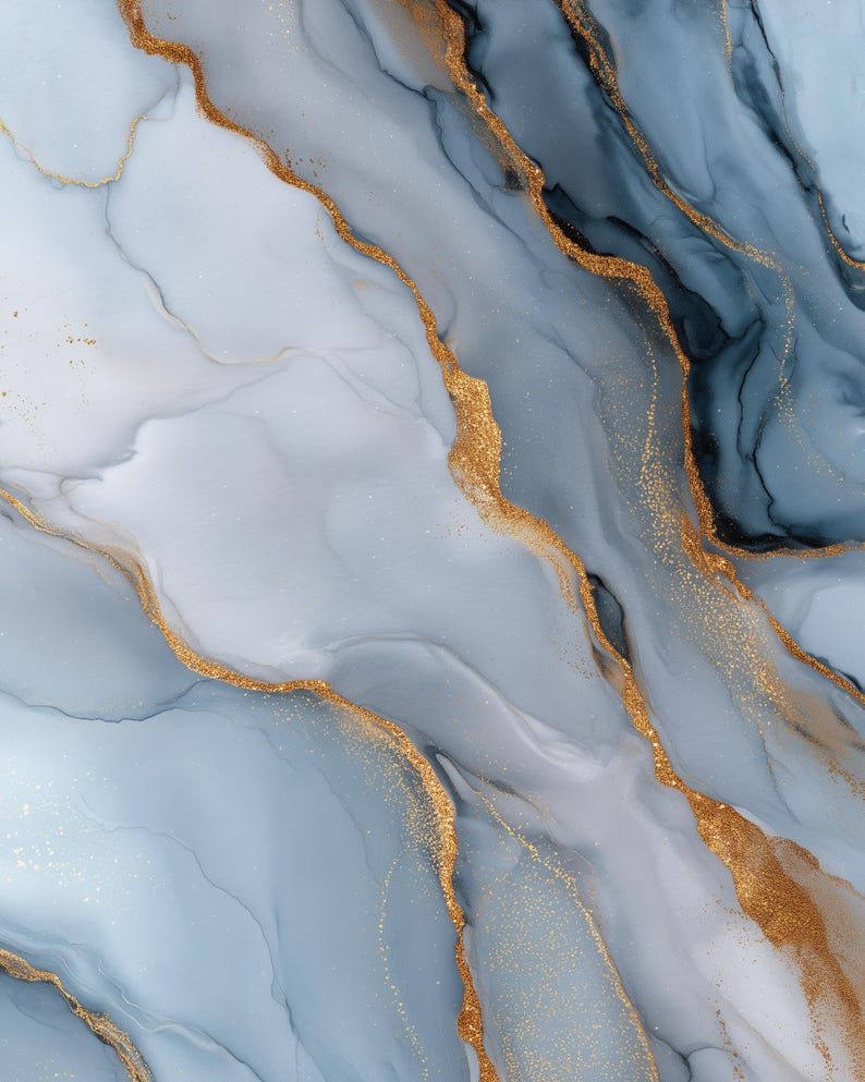 Gray Blue Marble Wall Art Prints: Gold Abstract Decor (digital Download ...