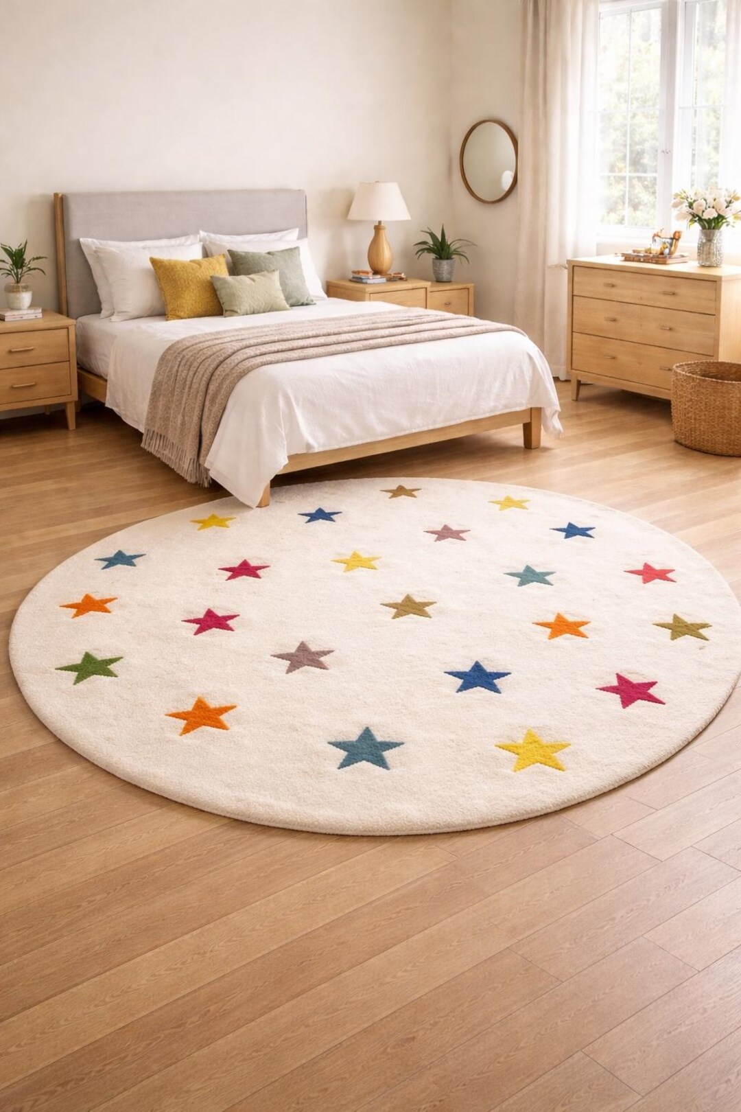 Round Star Kids Rug – Multicolor Nursery Area Rug – Soft Playroom ...