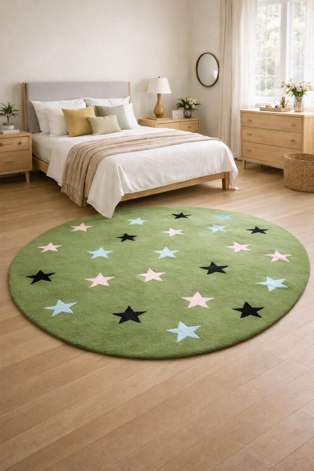 Green Round Star Rug – Kids Nursery Area Rug – Soft Playroom Carpet ...