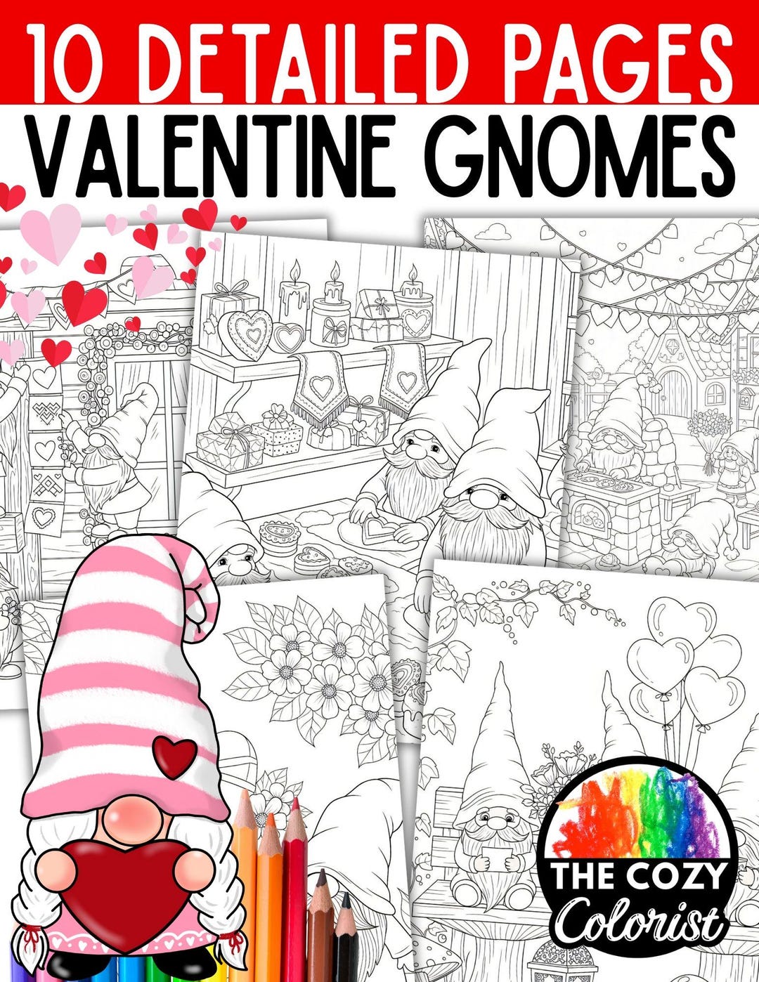 10 Valentine Gnome Coloring Pages | Cozy Cottagecore Gnomes Coloring ...