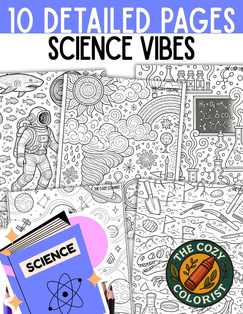Science Adult Coloring Pages: Astronomy, Chemistry, Fossils (printable ...