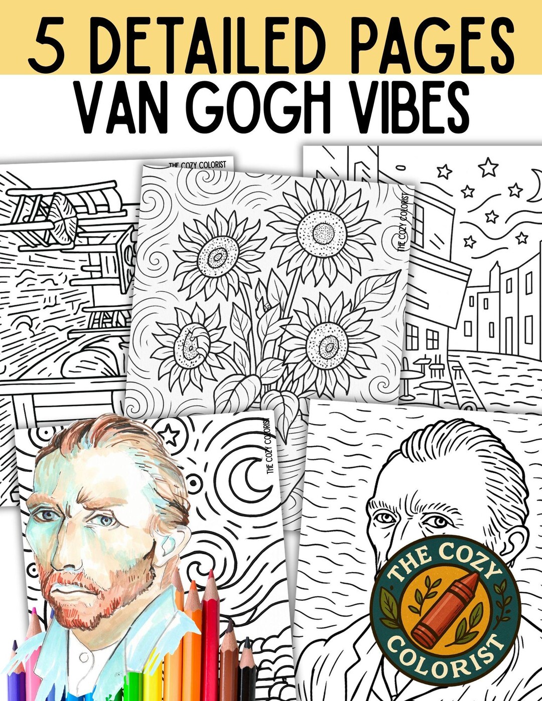 Van Gogh-inspired Coloring Pages – Set of 5 | Printable Line Art ...