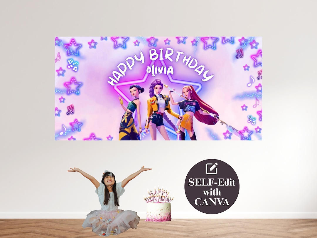 K-POP Demon Hunters Huntrix Editable Printable Birthday Banner BTS ...