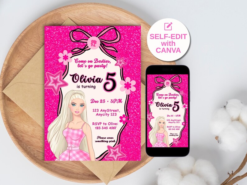 Pink Doll Birthday Party Invitation Template Editable Pink Fashion ...