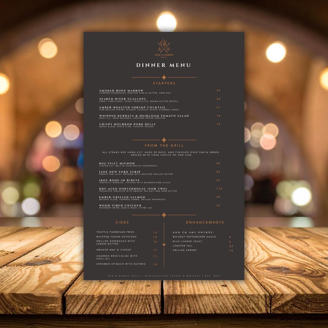 Rustic Steakhouse Menu Template (2 Sided) | Dark Whiskey Bar Menu ...