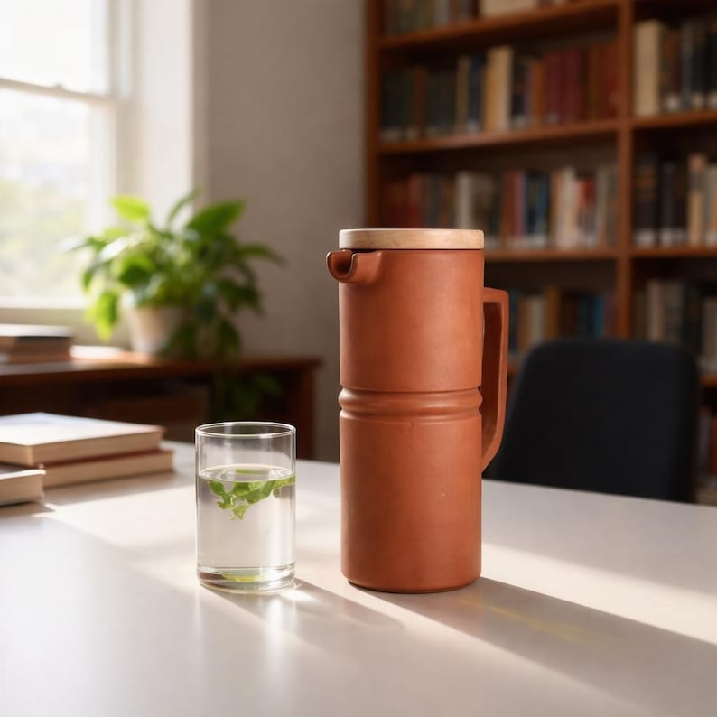 Terracotta Water Jug With Wooden Lid, Handmade Clay Pitcher, 1 Liter ...