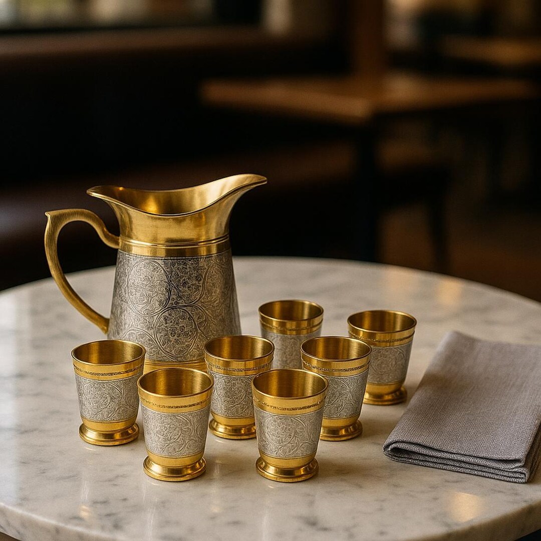 Handmade Brass Drinkware Set, Engraved Silver and Gold, Indian ...