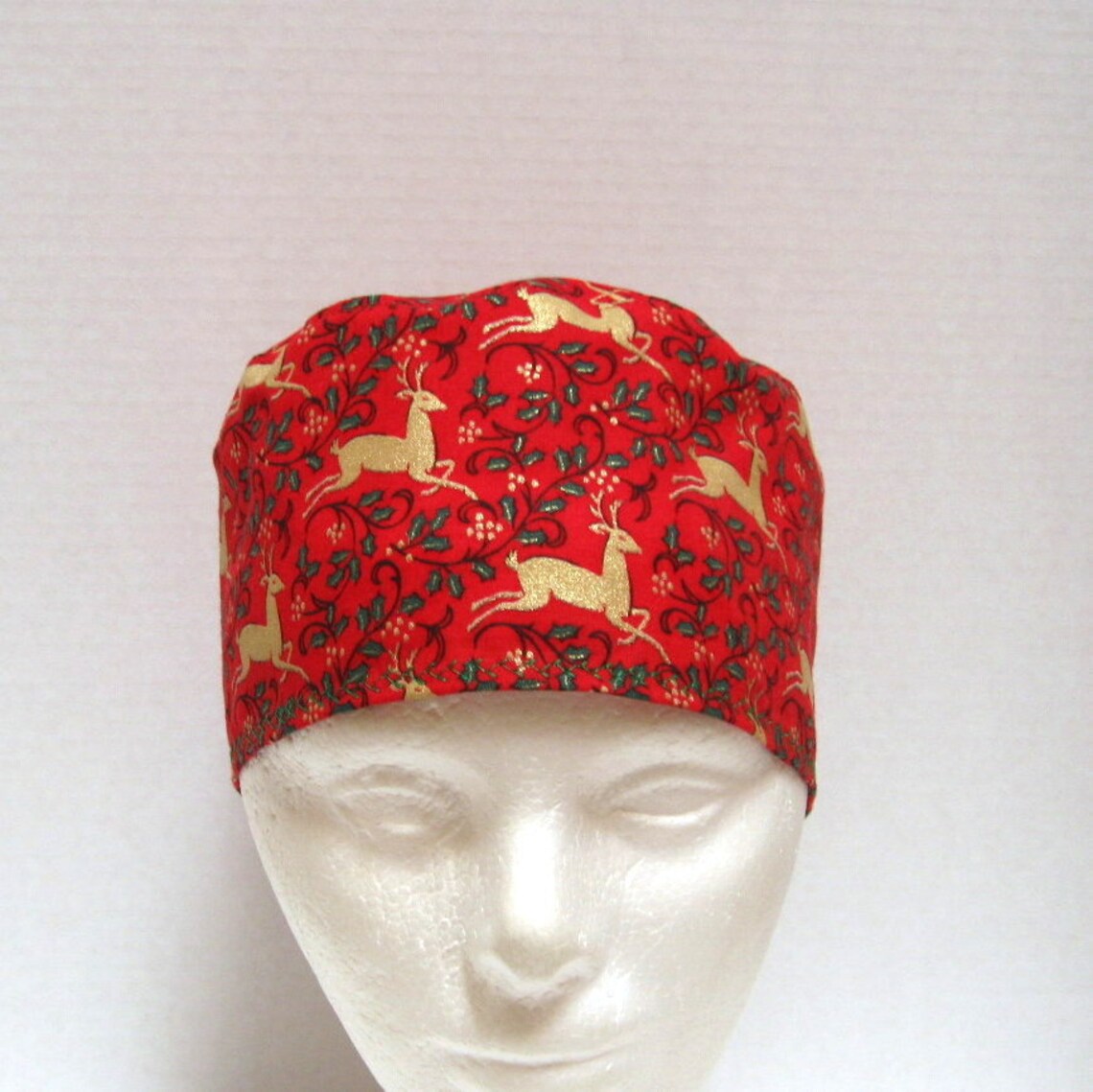 Christmas Red Surgical Cap or Scrub Hat With Gold Reindeer - Etsy