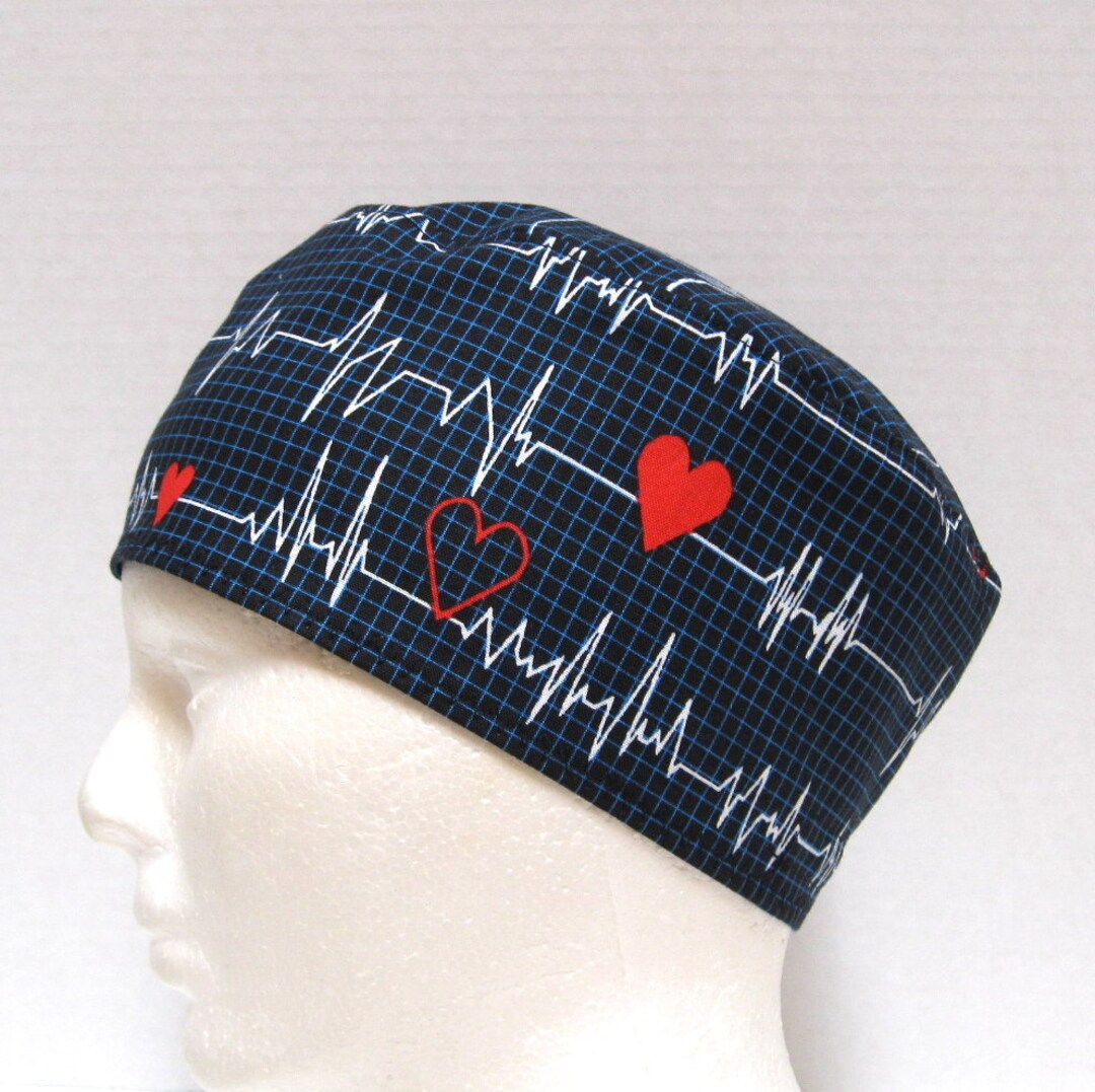 Mens Scrub Hat or Surgical Cap Cardiac Heart EKG on Black or White - Etsy