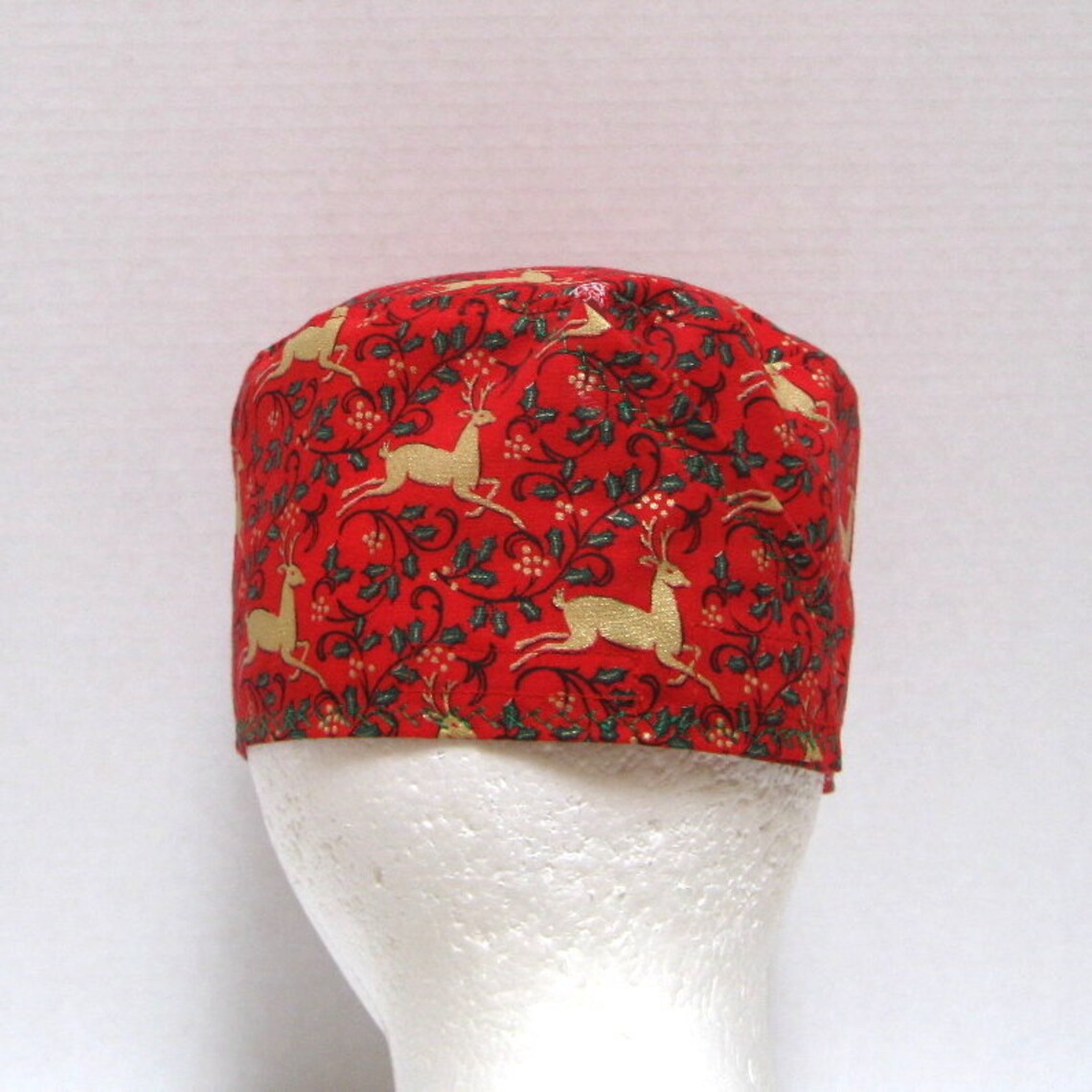 Christmas Red Surgical Cap or Scrub Hat With Gold Reindeer - Etsy