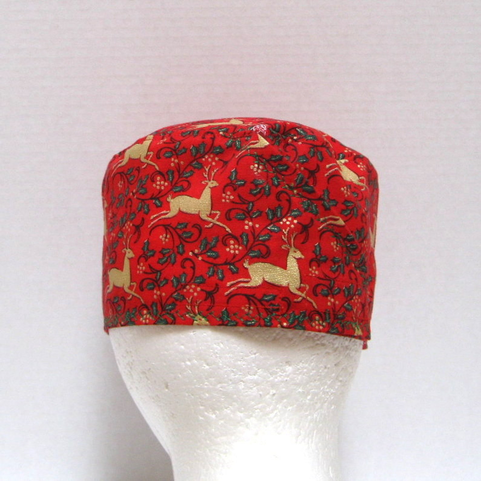 Christmas Red Surgical Cap or Scrub Hat With Gold Reindeer - Etsy