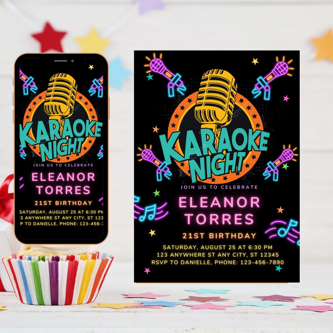 Editable Karaoke Party Birthday Invitation, Glow Karaoke Birthday Party ...