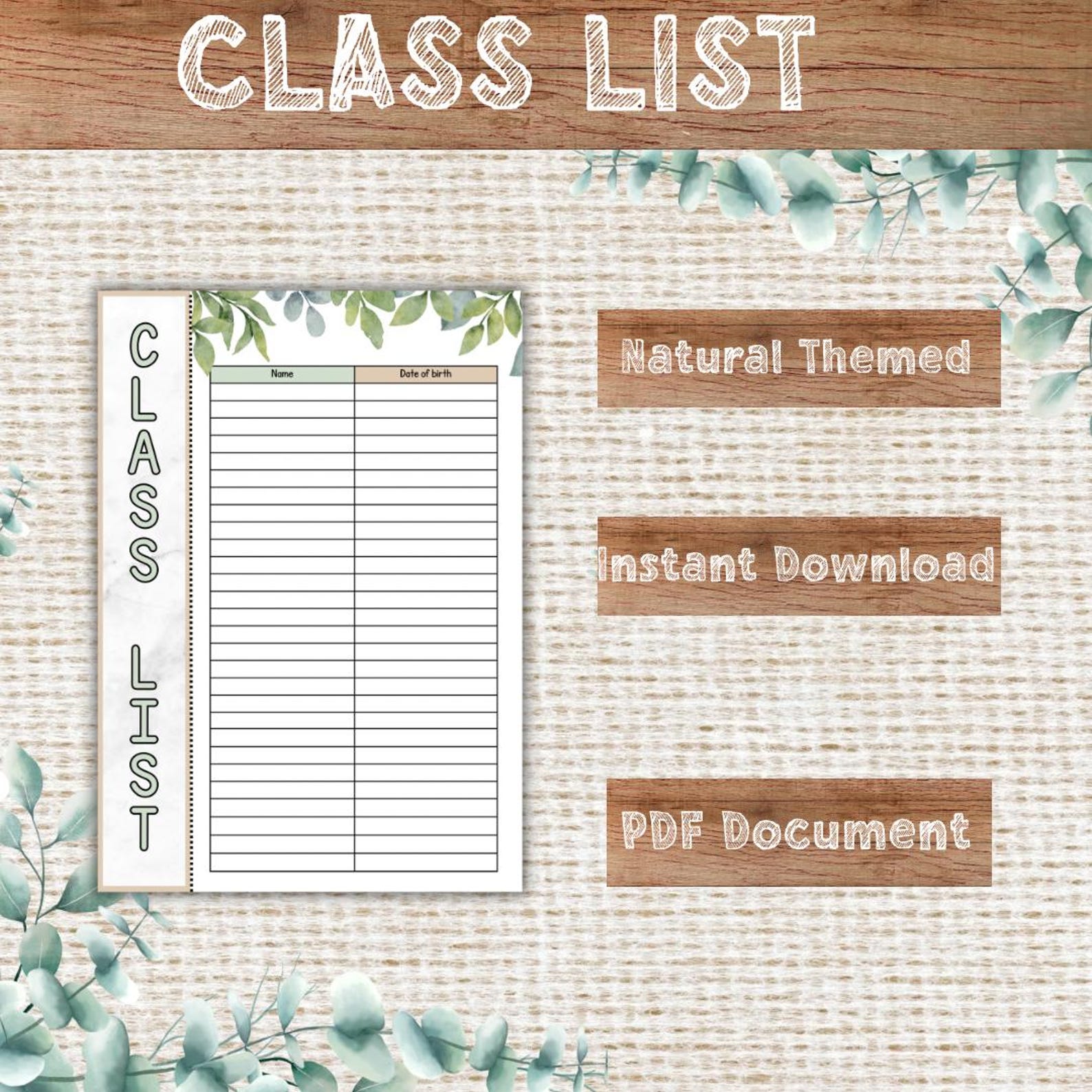 Natural Themed Class List | Printable Teacher Planner Insert | Instant ...