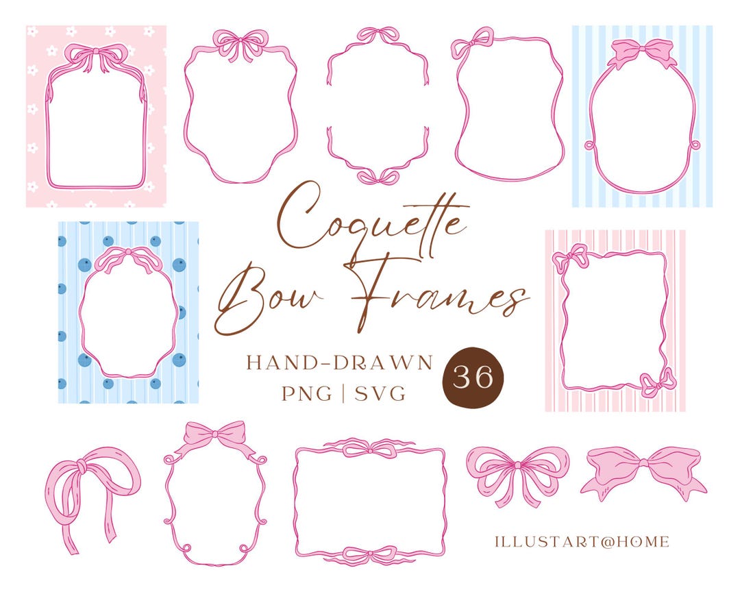 Coquette Bow Frames Clipart SVG PNG, Hand Drawn Pink Ribbon Frame Set ...