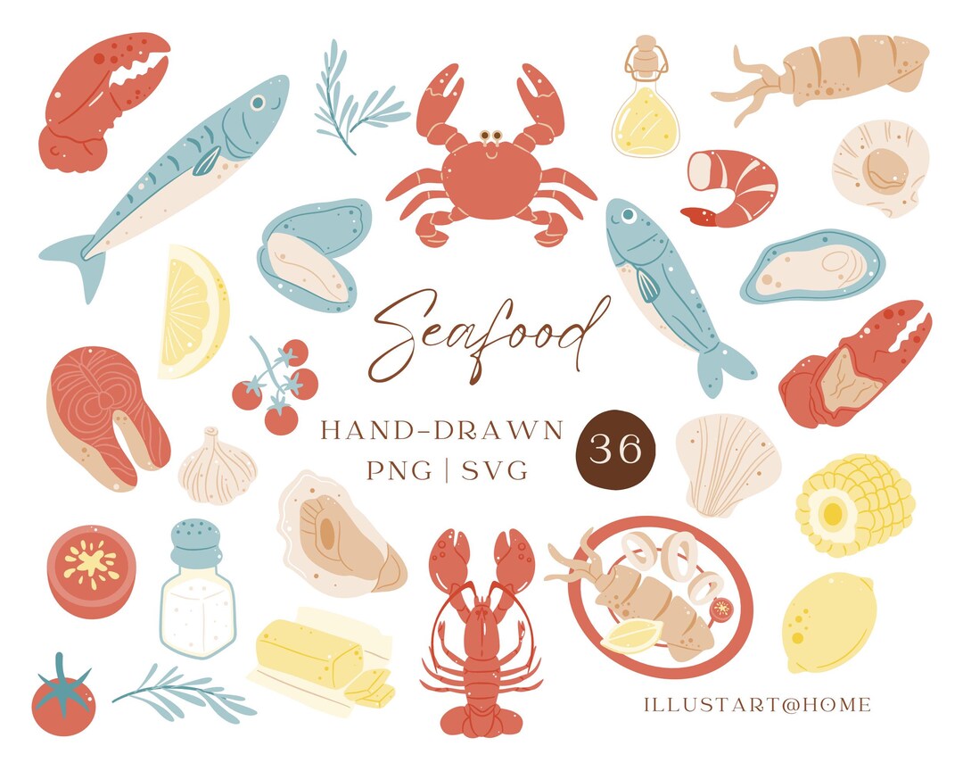 Hand-drawn Seafood Clipart SVG, PNG Ocean Crab Lobster Shrimp Shellfish ...