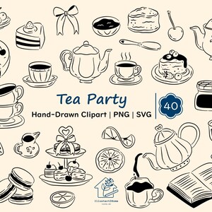 Hand Drawn Tea Party SVG PNG Clipart Set | Whimsical Doodles High Tea ...