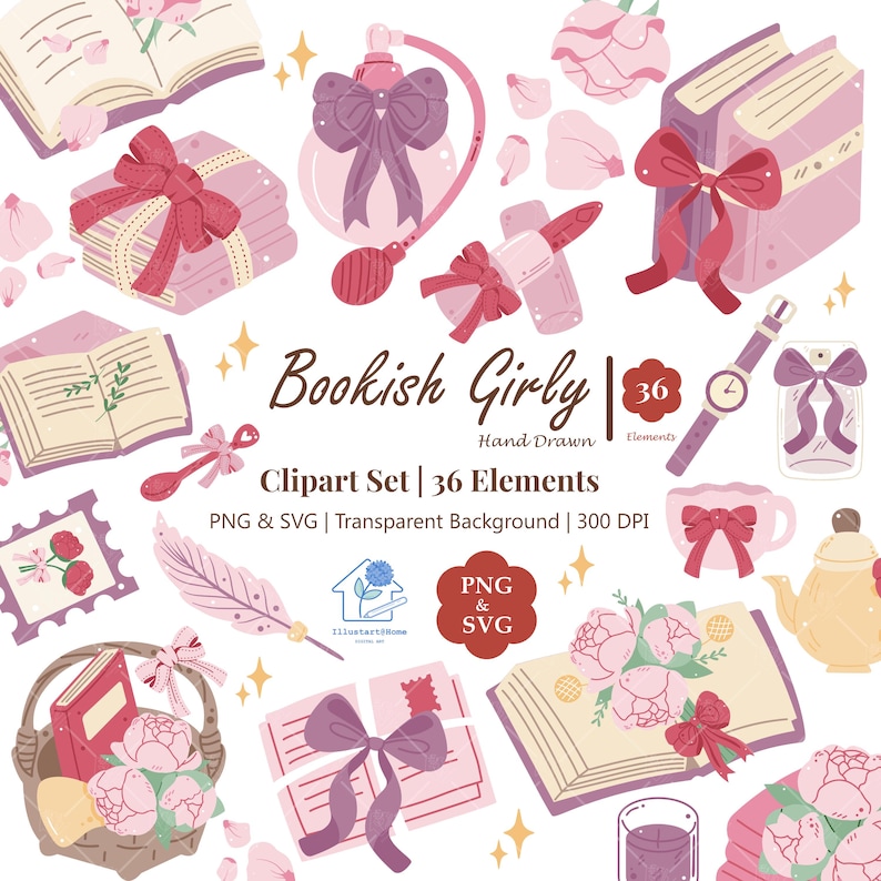 Bookish Girly Clipart Set Png, Svg, Coquette Bow Book Lover, Book Club ...