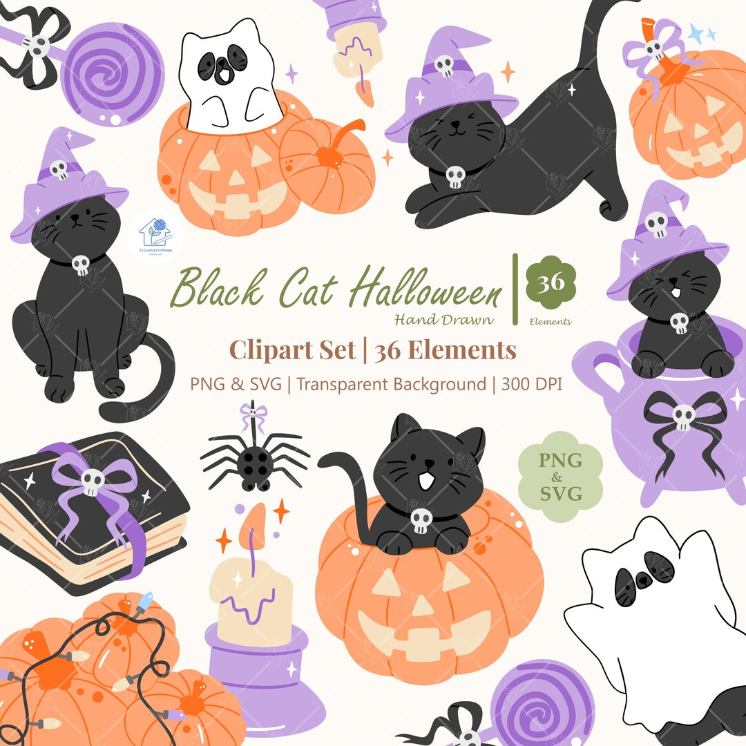 Black Cat Ghost Halloween Clipart Png Svg | Retro Halloween Cat Ghost ...