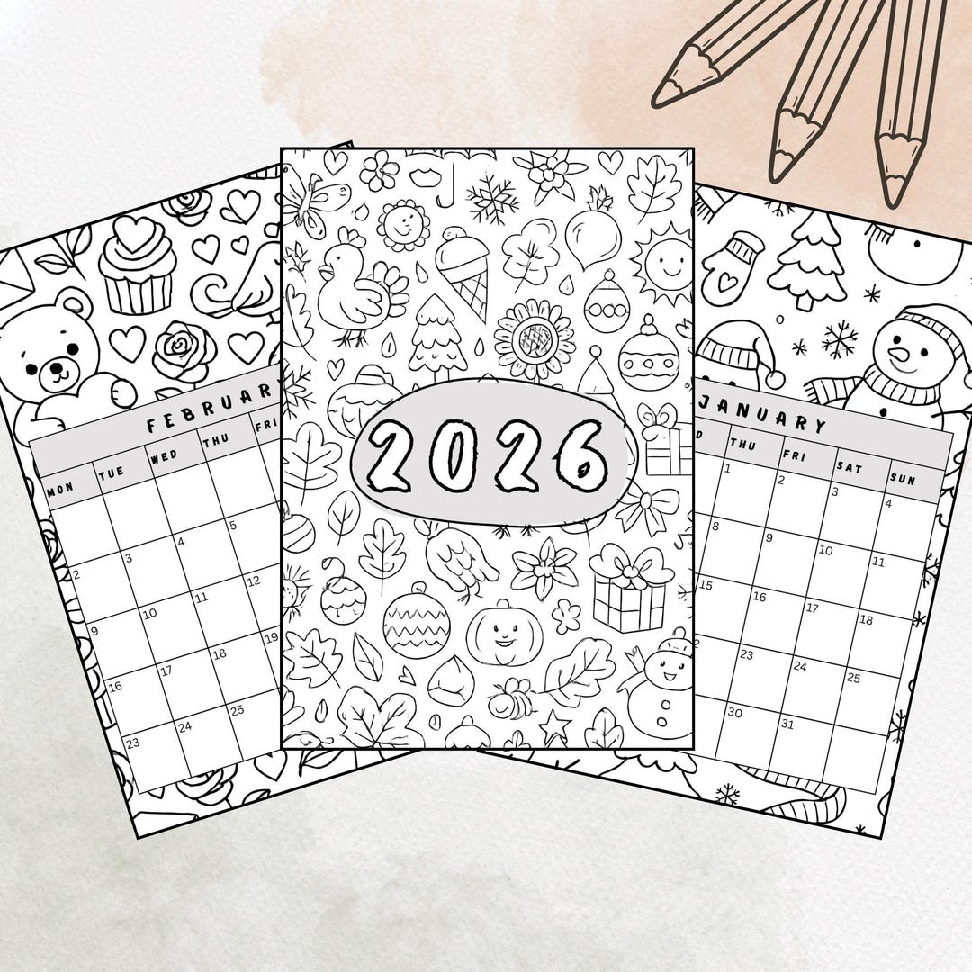 2026 Coloring Calendar: Cartoon Pattern 12-month Planner (digital ...