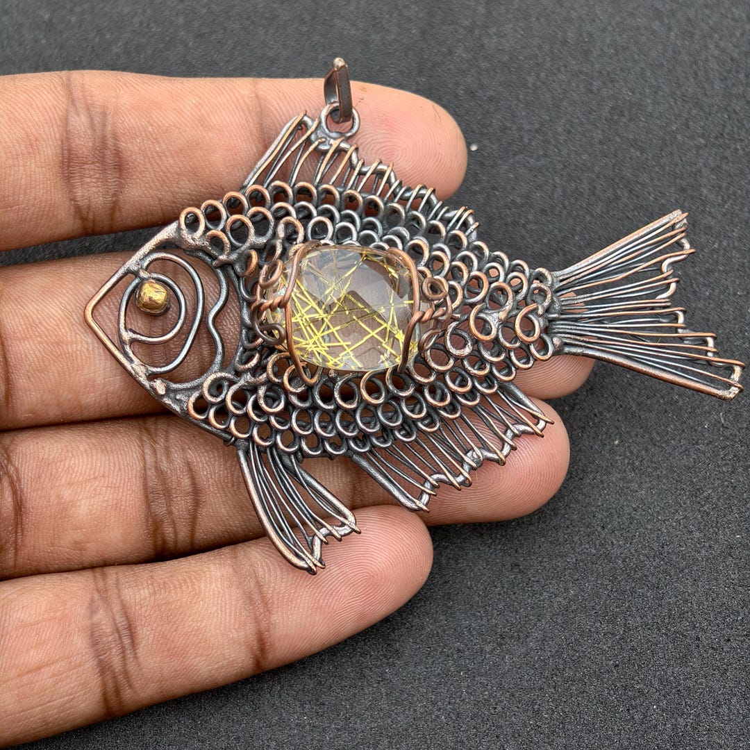 Golden Beryl Fish Pendant Necklace, Copper Wire Wrapped Gemstone ...