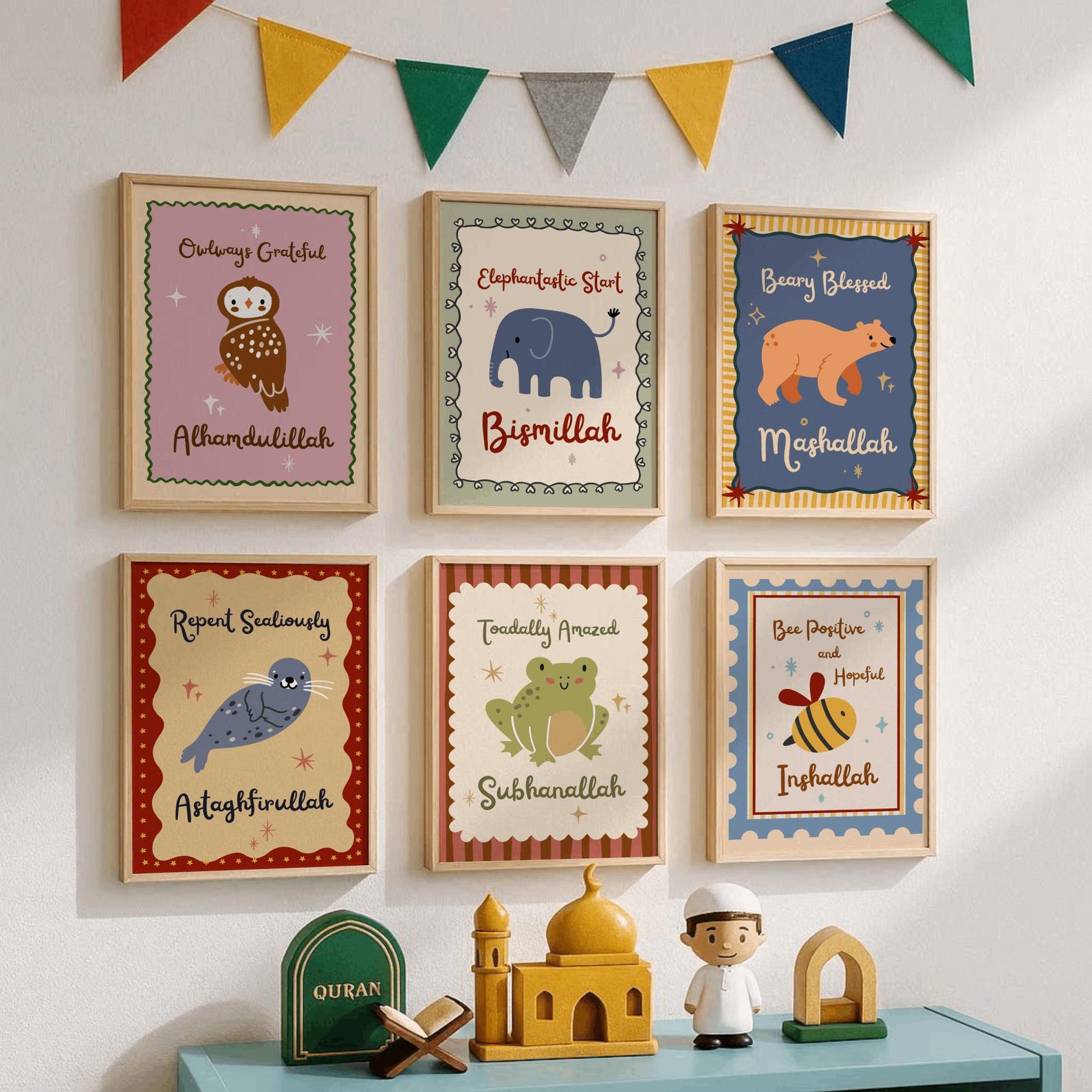 Islamic Animal Nursery Wall Art, Retro Boho Muslim Kids Decor (digital ...