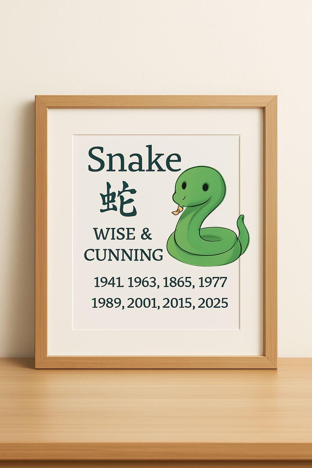 Chinese Zodiac Snake Printable Art – Cute Green Snake With Traits and ...
