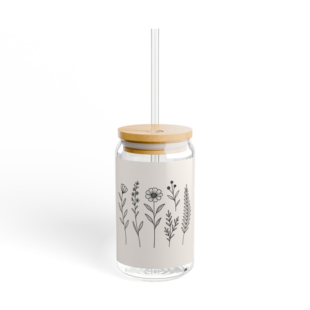 Flower Drawing Aesthetic Sipper Glass, 16oz - Floral Drinkware, Cute ...
