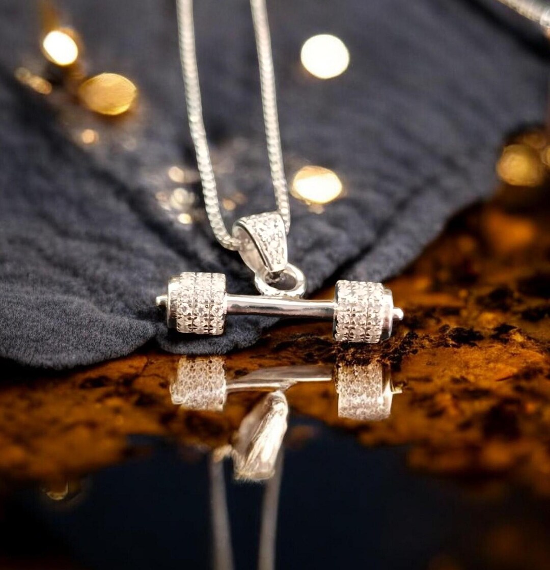 Silver Moissanite Dumbbell Pendant, 14K White Gold Plated Dumbbell ...