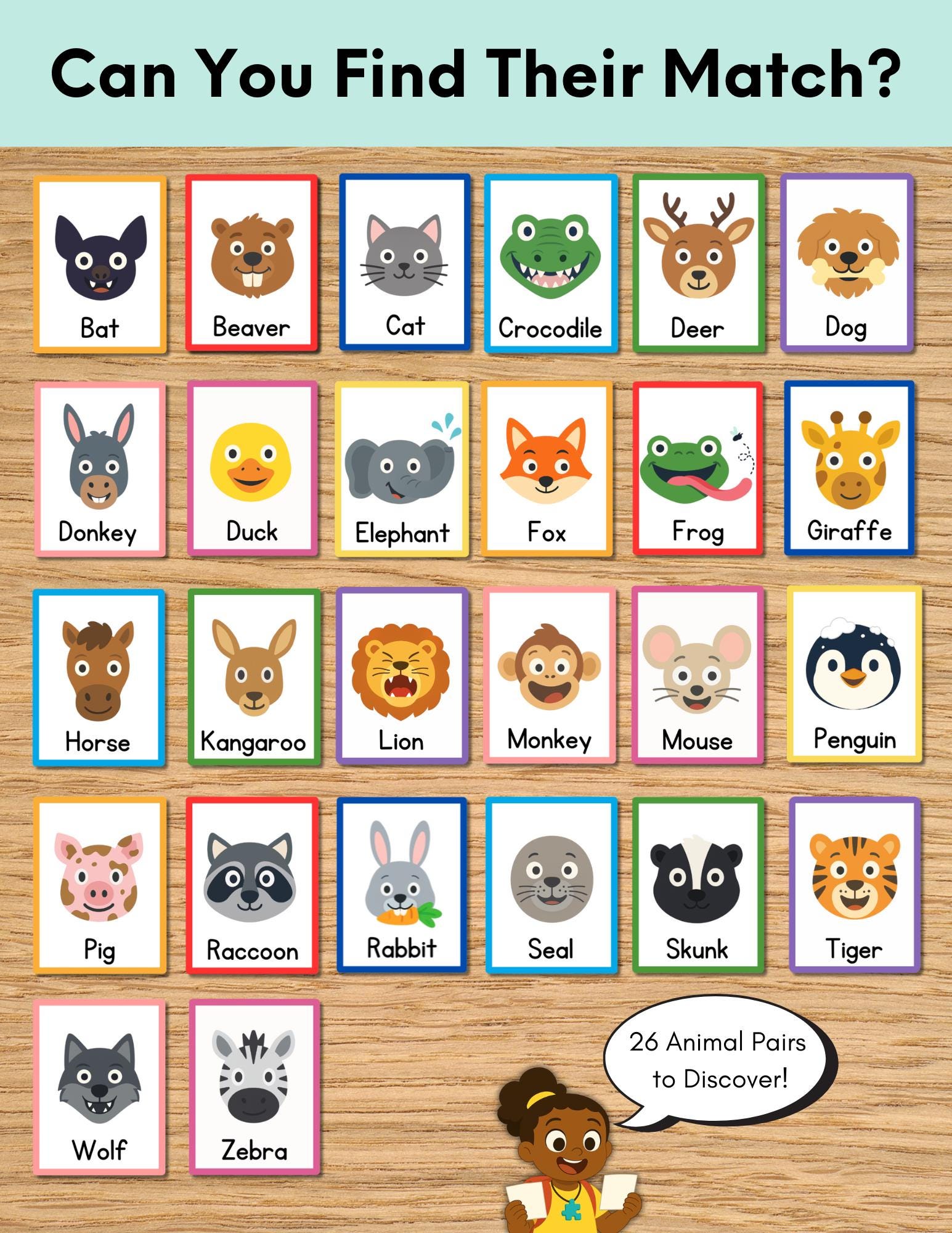 Animal Matching Game: 52 Printable Animal Cards for Kids (PDF) - Etsy