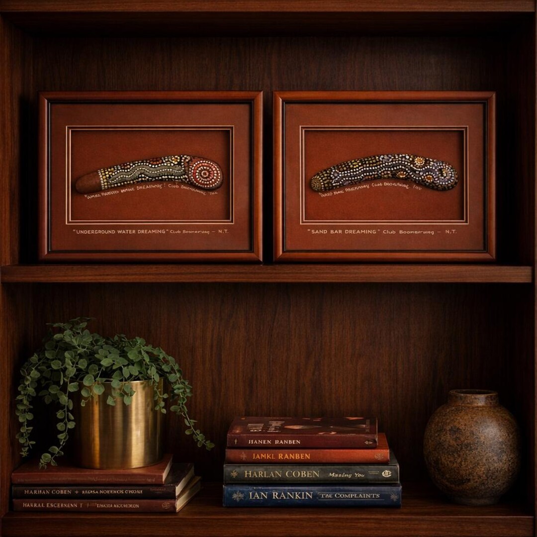 Vintage Aboriginal Style Boomerang Wall Art Pair, Framed Dreaming Decor ...