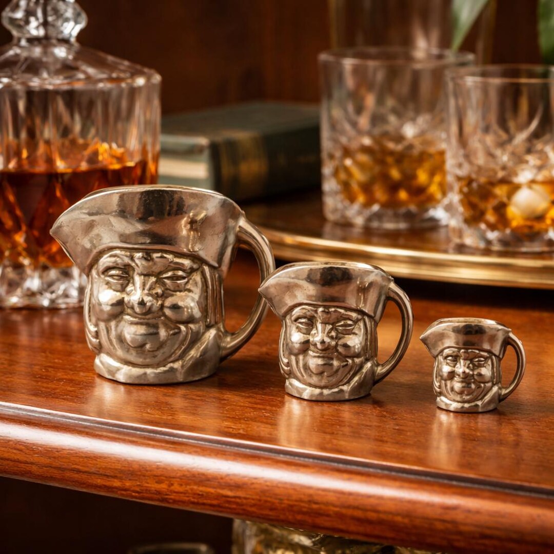 Vintage Silver Plated Toby Jugs Set, Miniature Character Pitchers ...