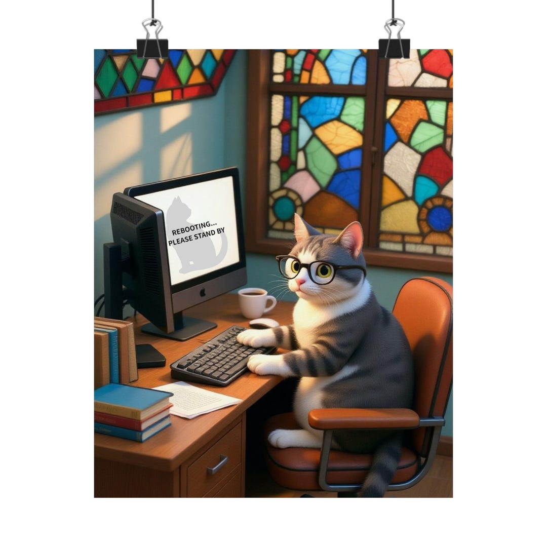 “rebooting Cat” Stained Glass Poster – Cute Cat With Glasses at ...