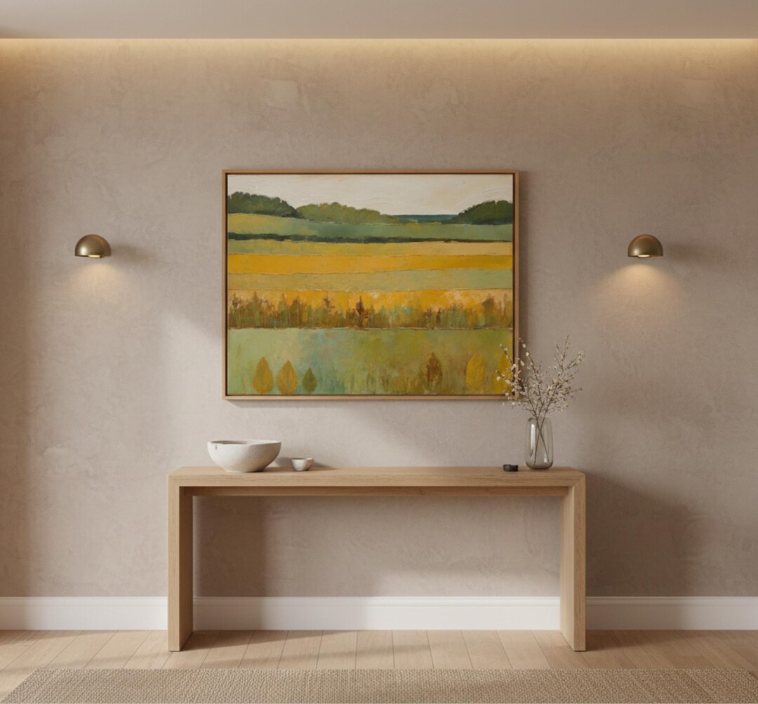 Abstract Landscape Wall Art, Vintage Farm Fields Painting, Rustic ...