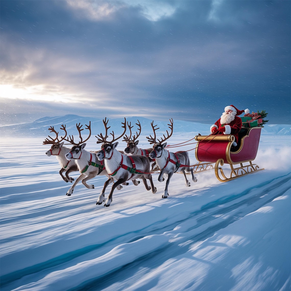 Christmas Card With Santa Sleigh Ride | Printable Winter Art | Square ...
