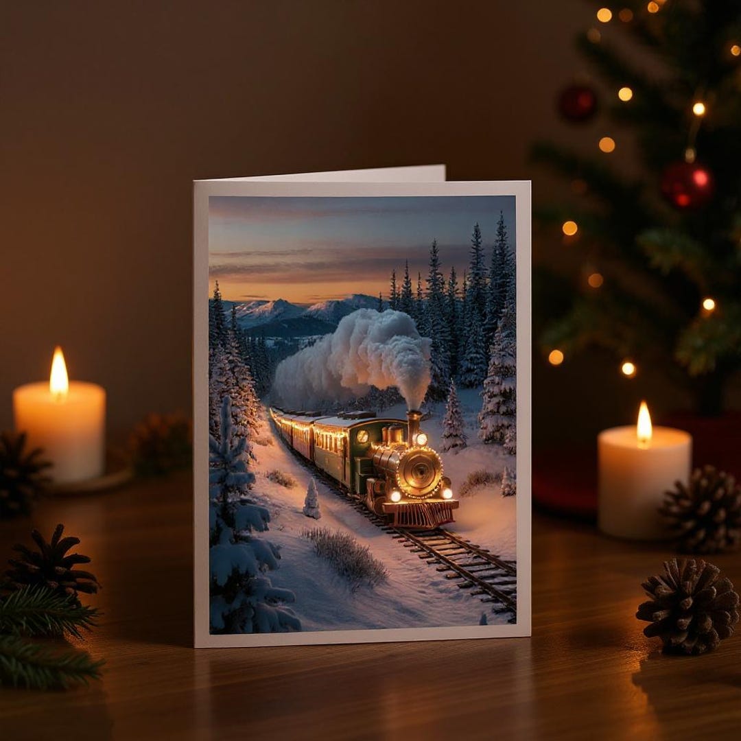 Snowy Winter Train Scene | Cozy Holiday Artwork | Festive Snow Cabin ...